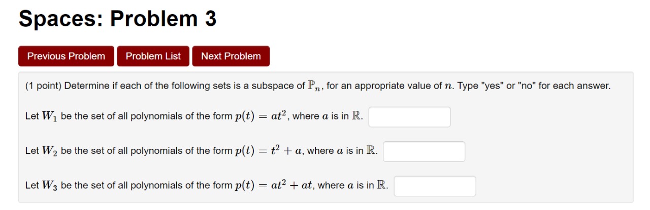 Solved (1 ﻿point) ﻿Determine if each of the following sets | Chegg.com