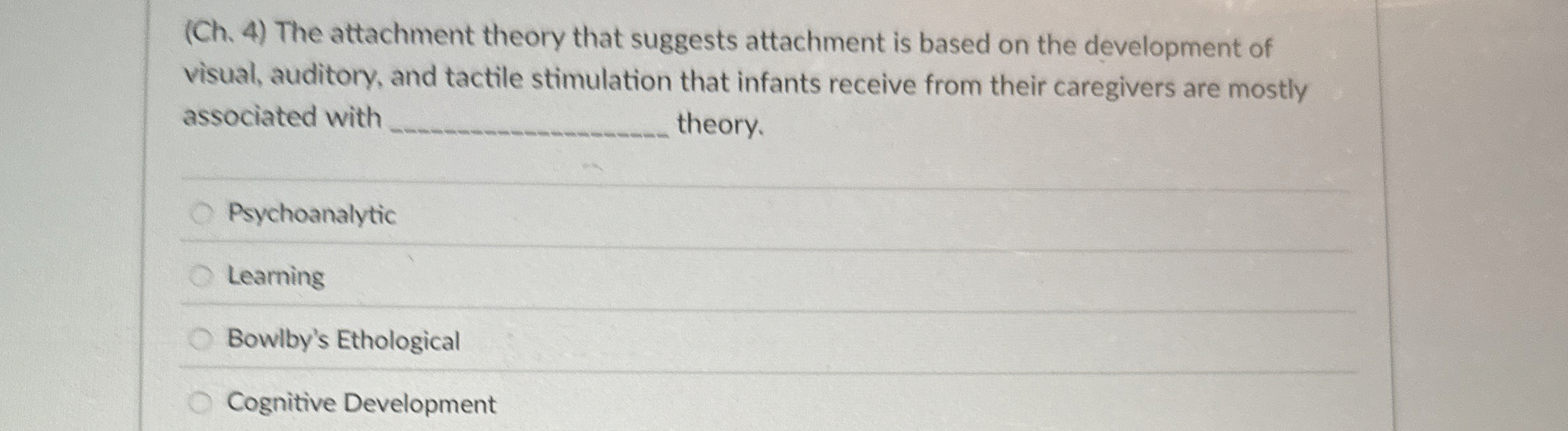 Solved (Ch. 4) ﻿The attachment theory that suggests | Chegg.com