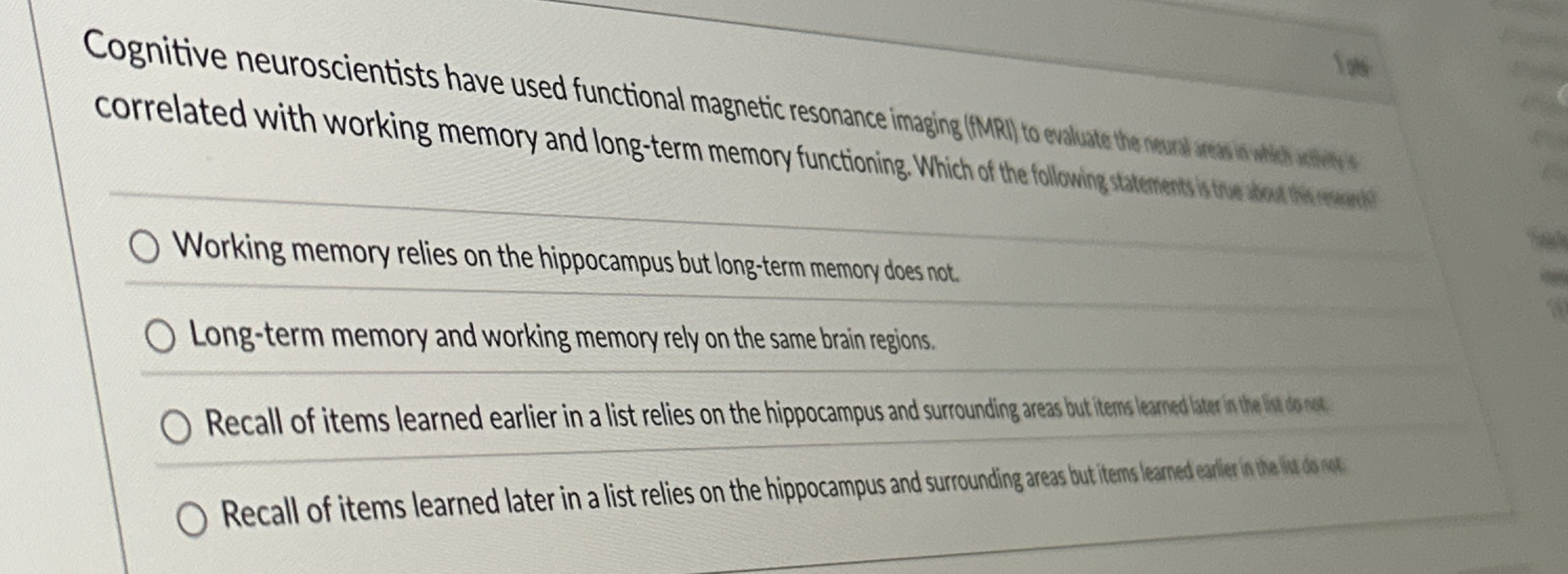 Solved Working memory relies on the hippocampus but | Chegg.com