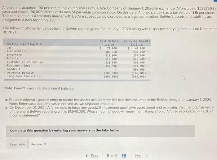 Solved Alfonso Inc acquired 100 percent of the voting shares | Chegg.com