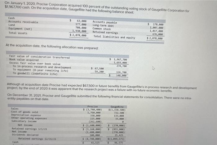 Solved On January 1, 2020 , Procise Corporation acquired 100 | Chegg.com