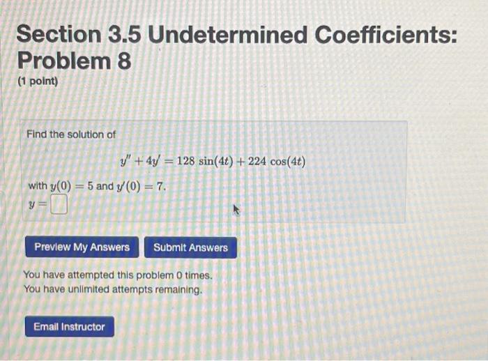 Solved Section 3.5 Undetermined Coefficients: Problem 8 (1 | Chegg.com