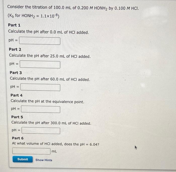 Solved consider the titration of 100.0 mL of 0.200 M HONH2 | Chegg.com