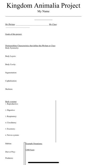 Solved Kingdom Animalia Project My Name My Phylum Mx Class | Chegg.com