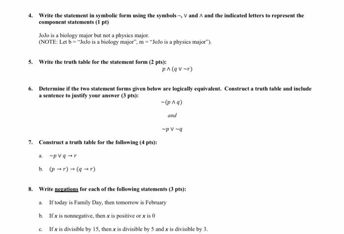 Solved 4. Write the statement in symbolic form using the | Chegg.com