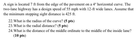 Solved A sign is located 7ft from the edge of the pavement | Chegg.com