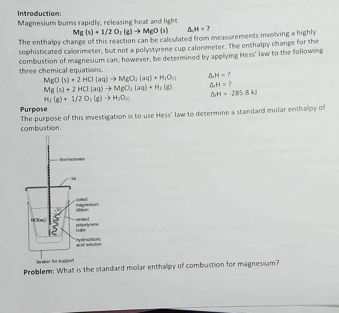 Solved Introduction: Magnesium burns rapidly, releasing heat | Chegg.com