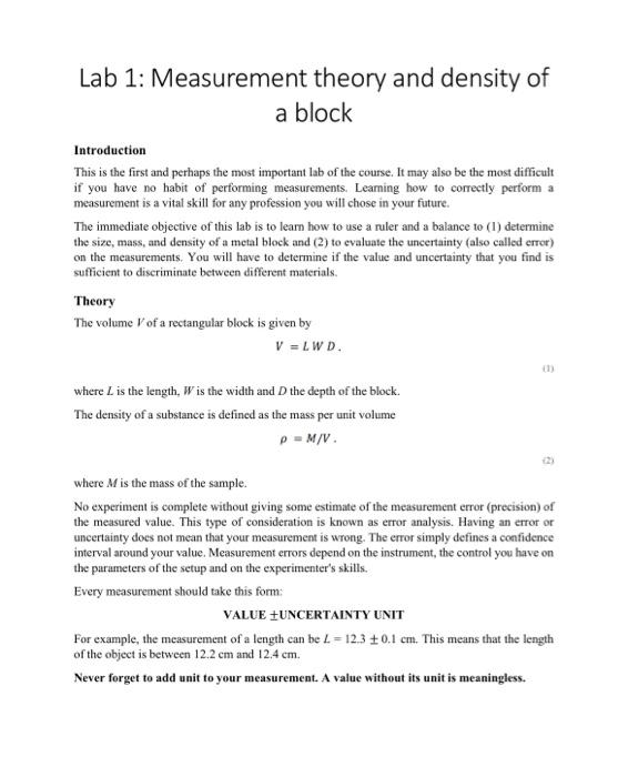 Solved Lab 1: Measurement theory and density of a block | Chegg.com