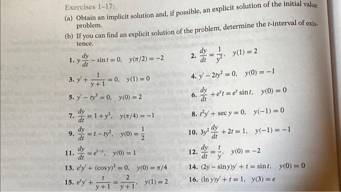 Solved Exercises 1-17: (a) Obtain an implicit solution and, | Chegg.com