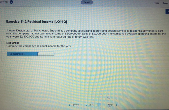 Solved ework Saved Help Save Exercise 11-2 Residual Income | Chegg.com