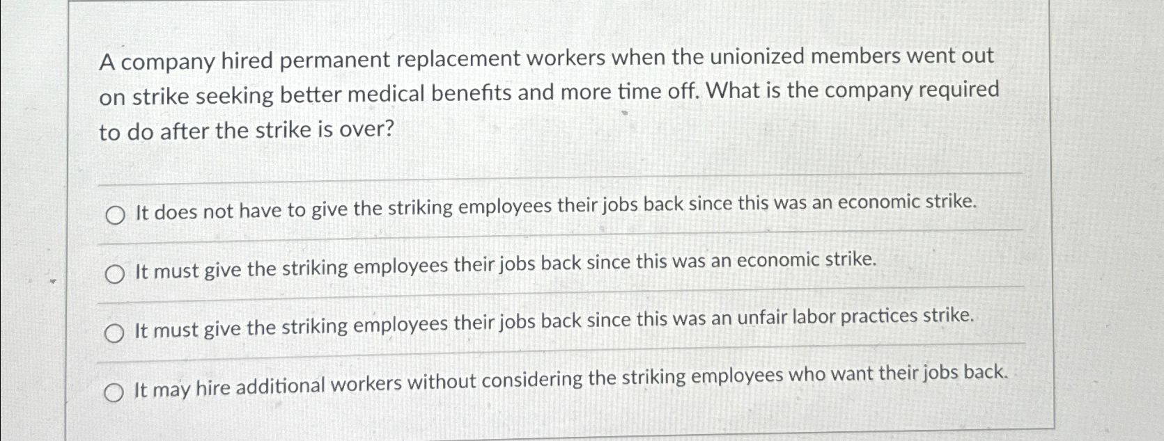 Solved A company hired permanent replacement workers when | Chegg.com