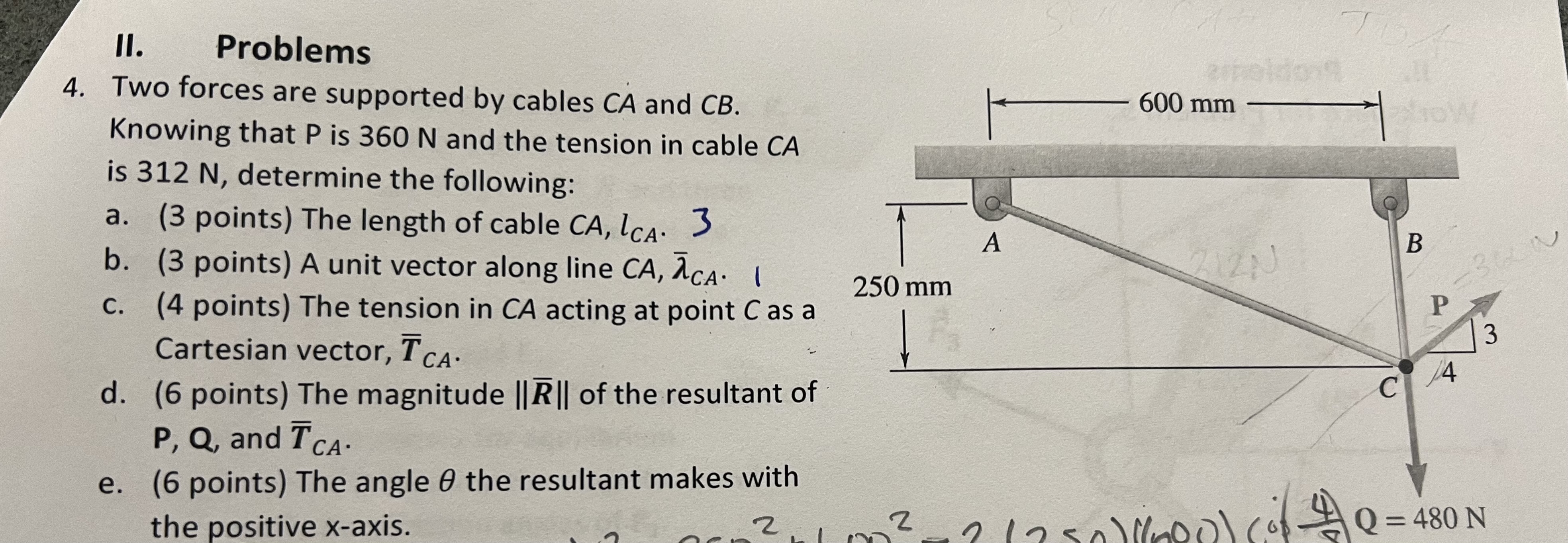 Solved II. ﻿ProblemsTwo forces are supported by ﻿cables CA | Chegg.com