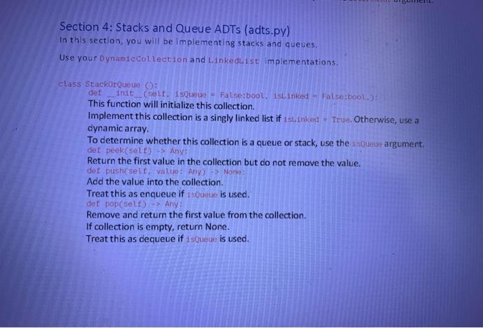 Solved Section 4: Stacks and Queue ADTs (adts.py) In this | Chegg.com