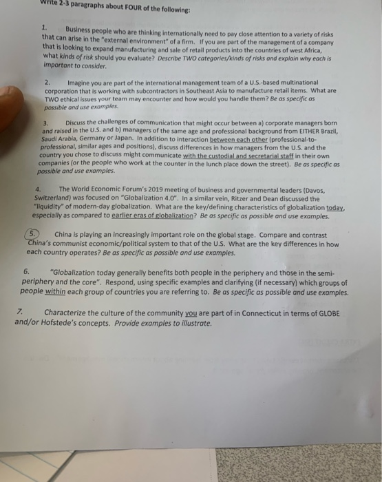 Solved Write 2-3 paragraphs about FOUR of the following: 1. | Chegg.com