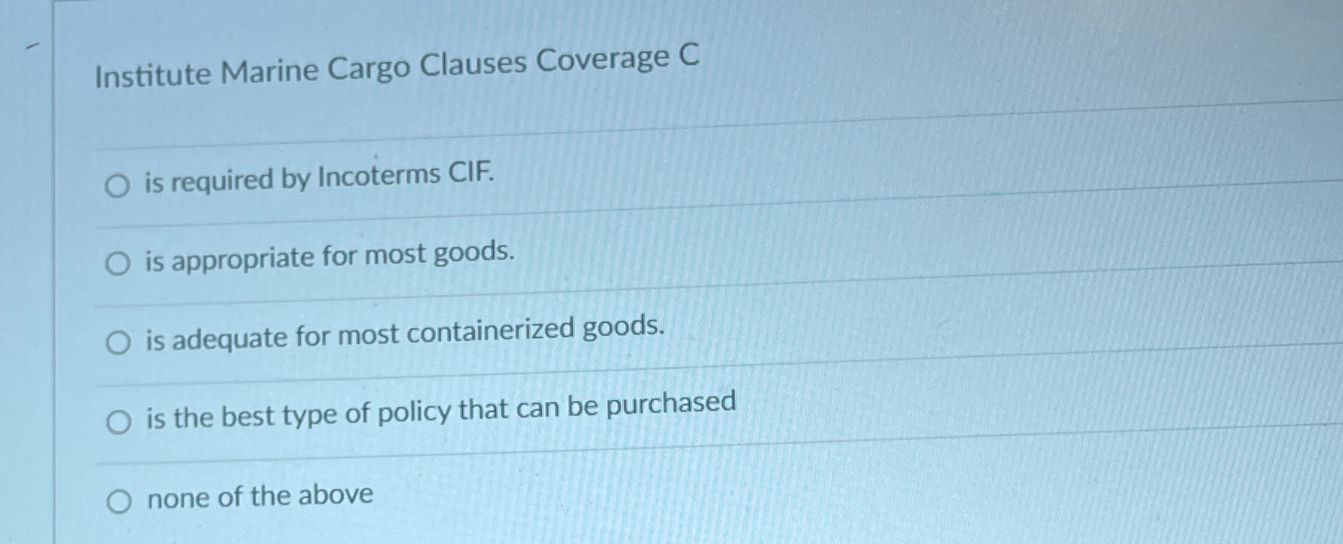 Solved Institute Marine Cargo Clauses Coverage Cis required | Chegg.com