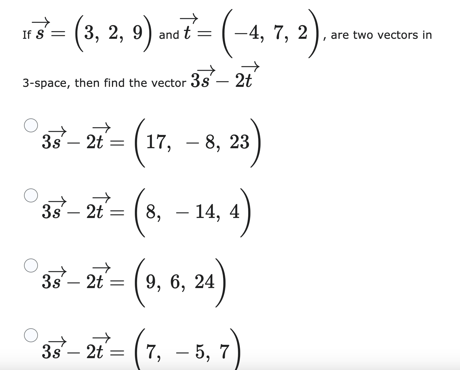 Solved If vec(s)=(3,2,9) ﻿and vec(t)=(-4,7,2), ﻿are two | Chegg.com