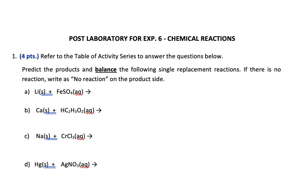 Solved POST LABORATORY FOR EXP. 6 - ﻿CHEMICAL REACTIONS(4 | Chegg.com