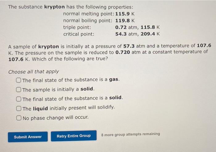 Solved The substance krypton has the following properties: | Chegg.com