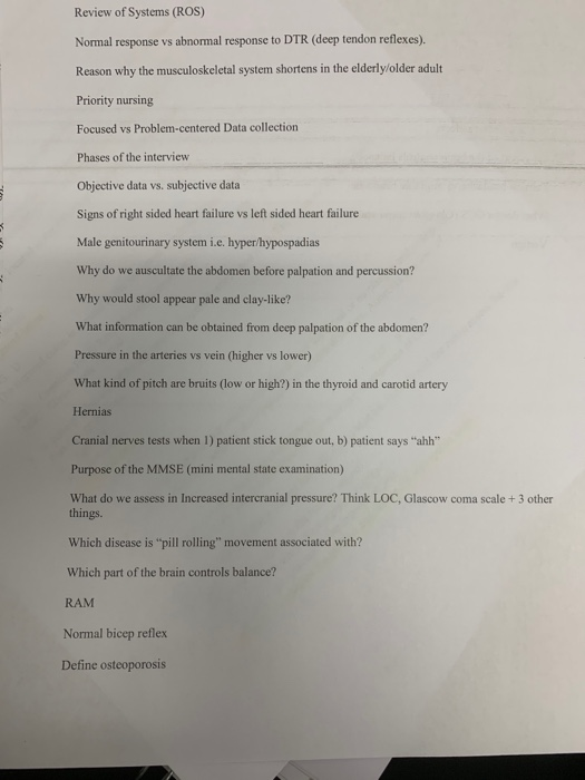 Solved Review of Systems (ROS) Normal response vs abnormal | Chegg.com
