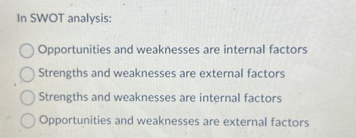 Solved In SWOT analysis: Opportunities and weaknesses are | Chegg.com