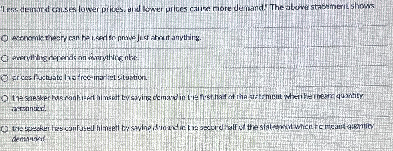 Solved "Less demand causes lower prices, and lower prices | Chegg.com