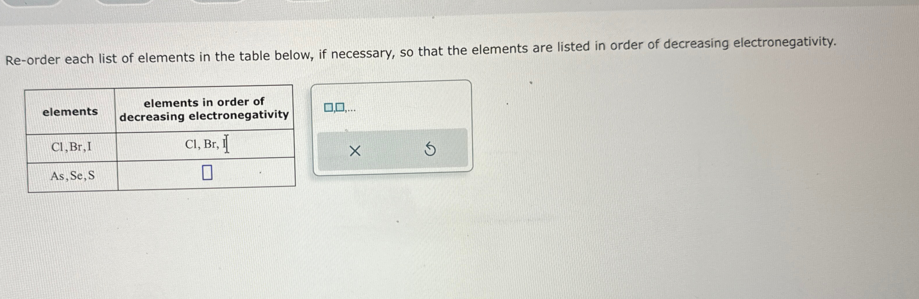 Solved Re-order each list of elements in the table below, if | Chegg.com