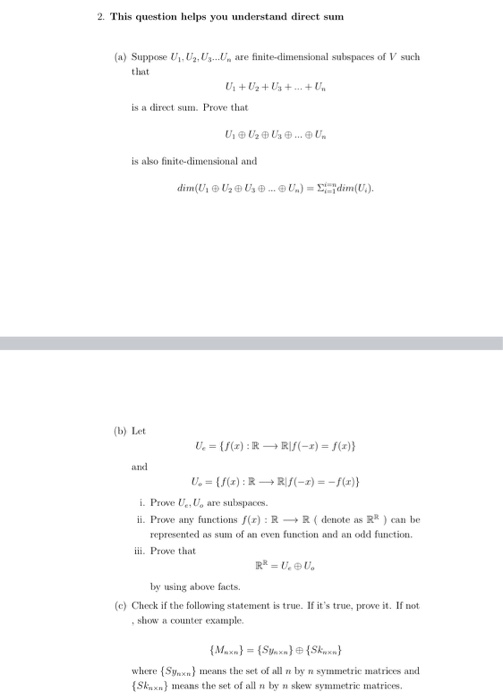 Solved 2. This question helps you understand direct sum (a) | Chegg.com