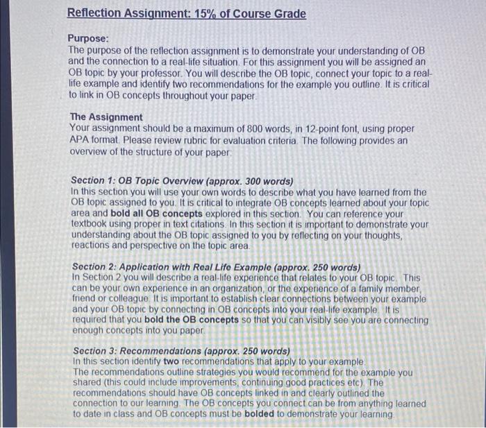 Solved Reflection Assignment: 15% of Course Grade Purpose: | Chegg.com