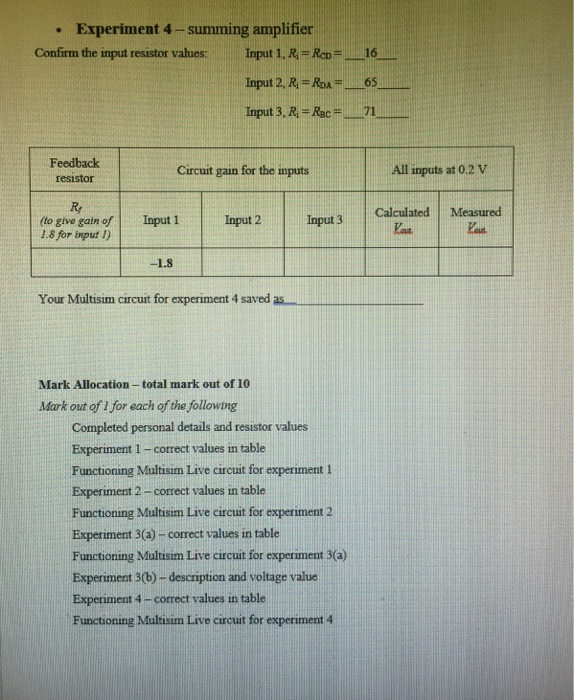 Experiment 4-summing amplifier Confirm the input | Chegg.com