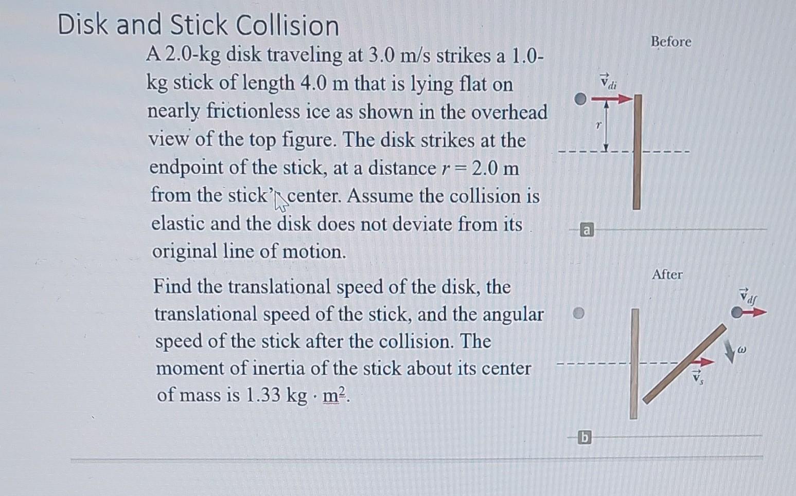 Solved and Stick Collision A 2.0−kg disk traveling at 3.0 | Chegg.com