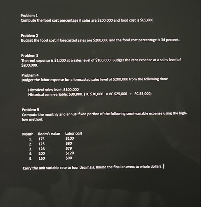 Solved Problem 1 Compute the food cost percentage if sales | Chegg.com