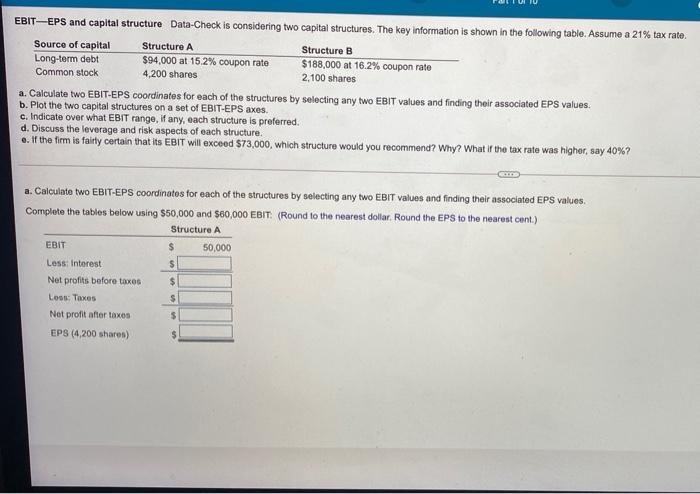 Solved EBIT-EPS and capital structure Data-Check is | Chegg.com