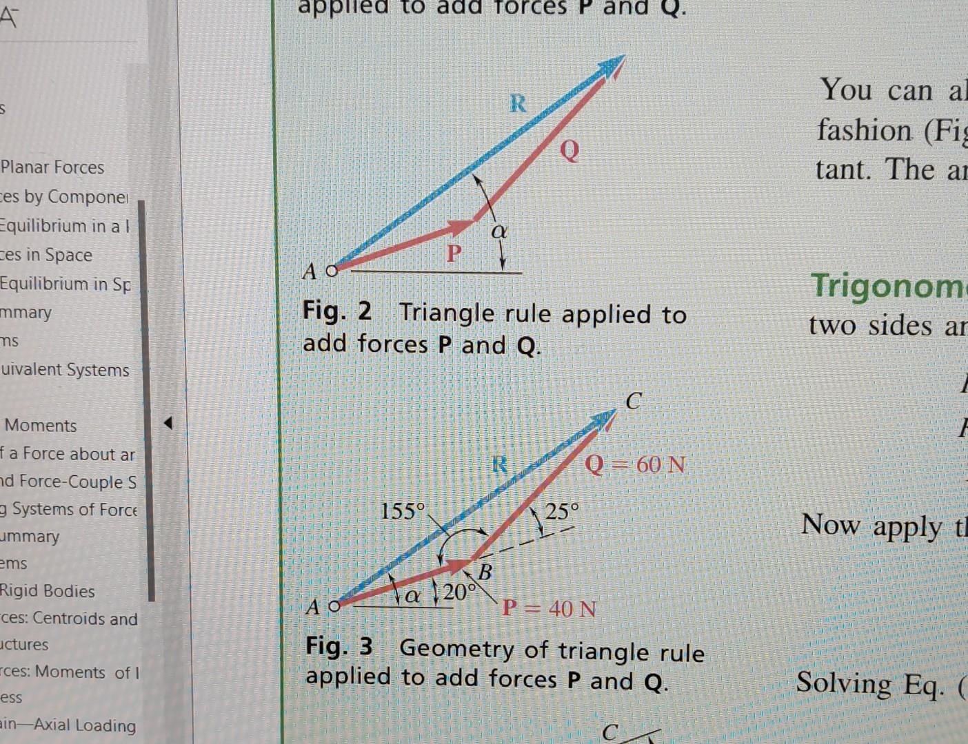 Fig. 2 Triangle rule applied to add forces P and Q. | Chegg.com