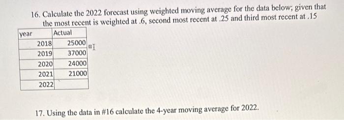Solved 16. Calculate the 2022 forecast using weighted moving | Chegg.com