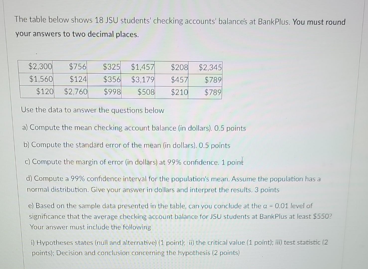 Solved The table below shows 18 JSU students' checking | Chegg.com