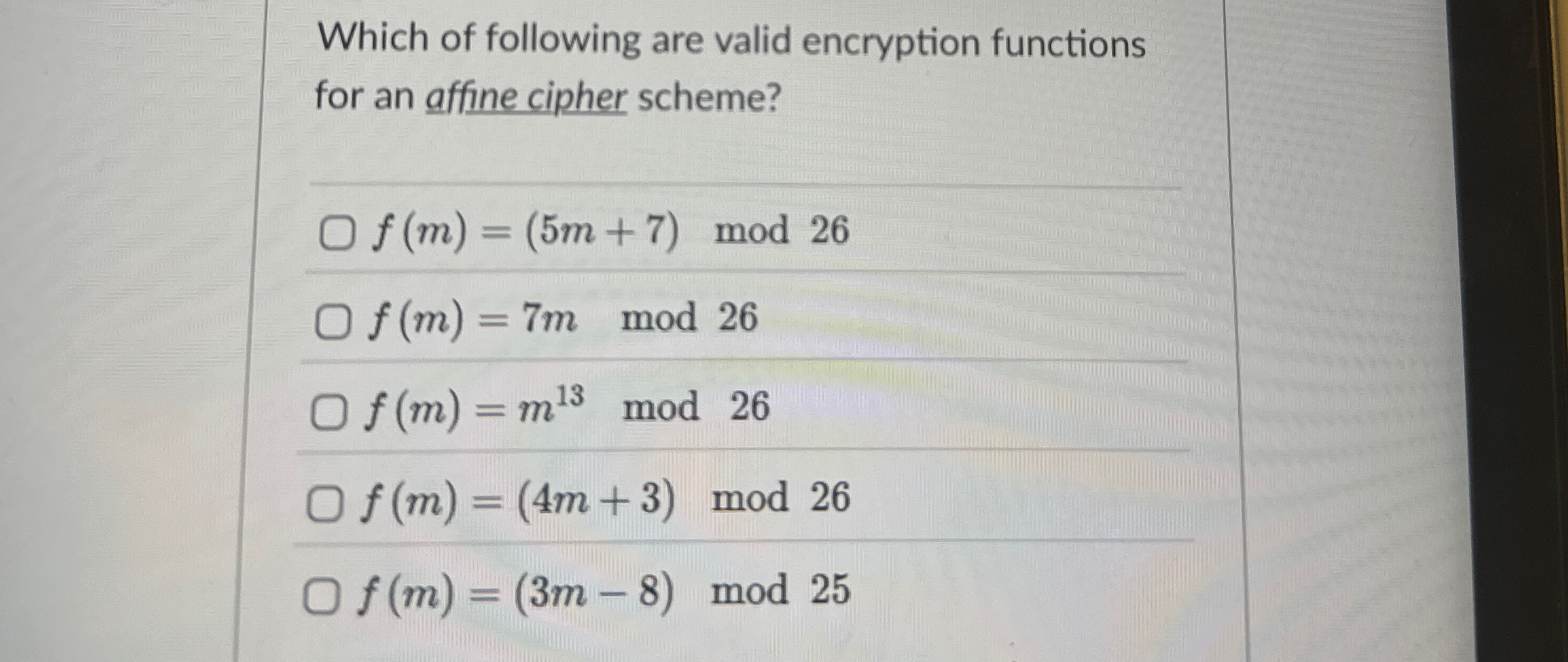 High Quality SOLUTION Which of following are valid encryption functions for | Chegg.com