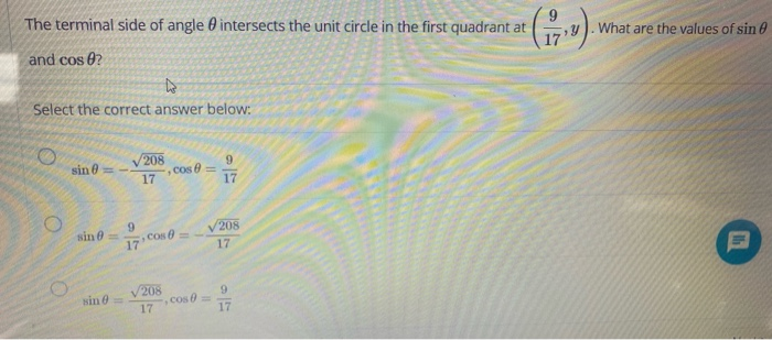 Solved 9 The terminal side of angle intersects the unit | Chegg.com