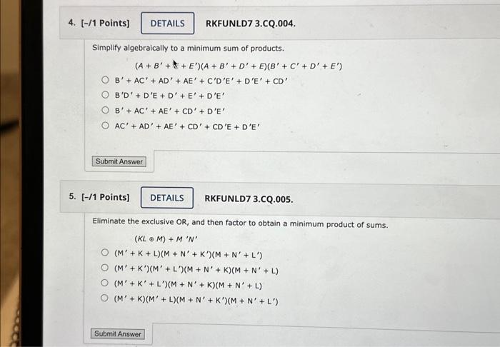 Simplify algebraically to a minimum sum of products. | Chegg.com