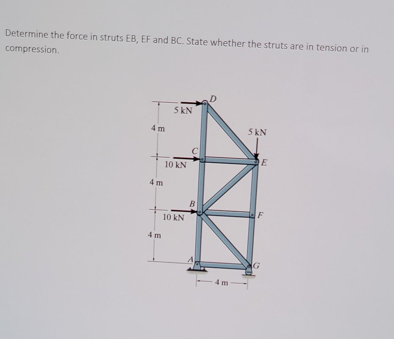 Solved Determine the force in struts EB, EF and BC. State | Chegg.com