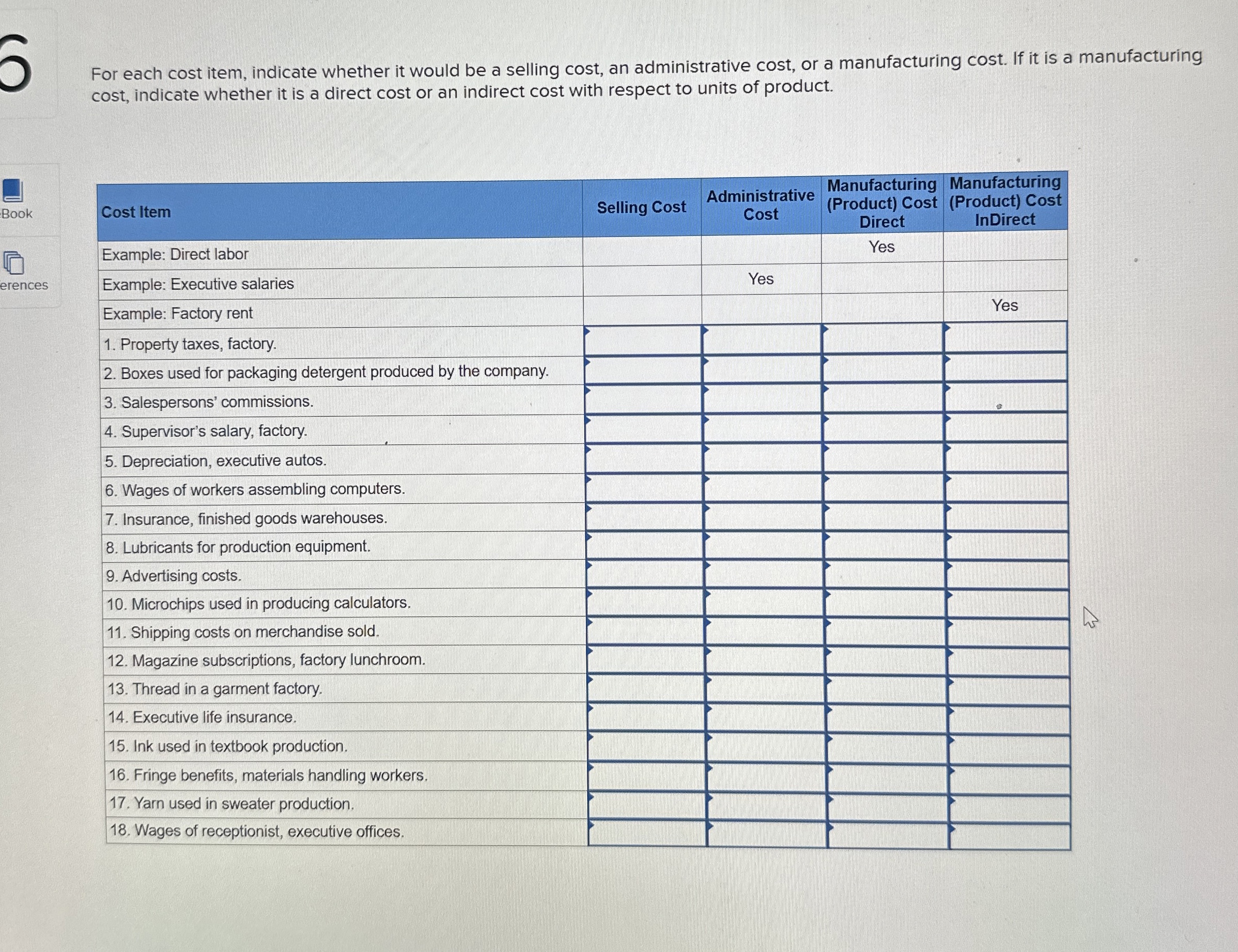 Solved For each cost item, indicate whether it would be a | Chegg.com