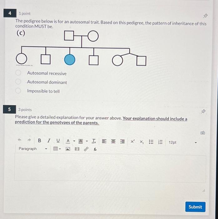 Solved The pedigree below is for an autosomal trait. Based | Chegg.com
