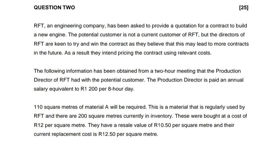 Solved QUESTION TWO [25] RFT, an engineering company, has | Chegg.com