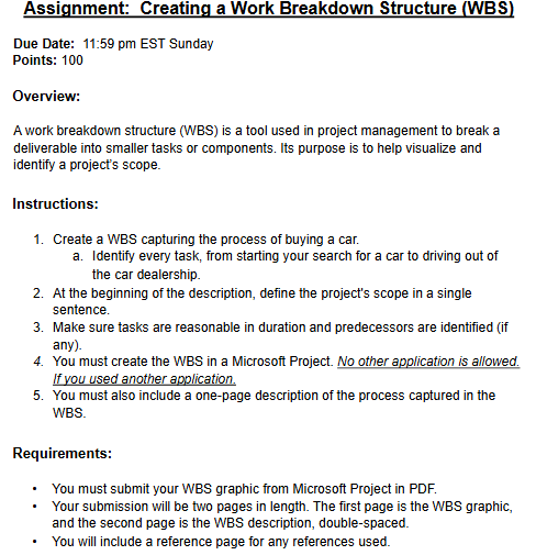 Solved Assignment: Creating a Work Breakdown Structure | Chegg.com