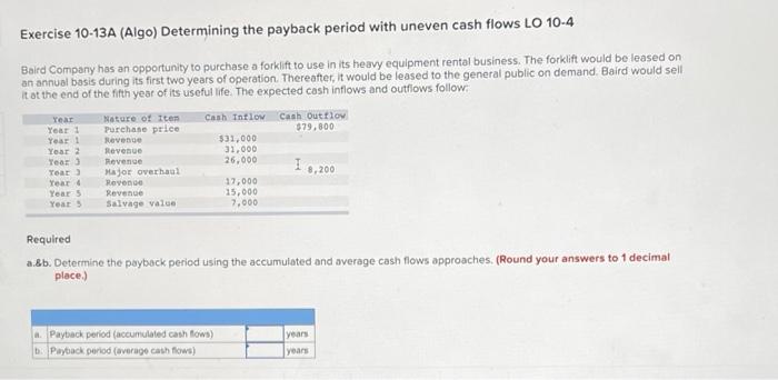 Solved Exercise 10-13A (Algo) Determining the payback period | Chegg.com