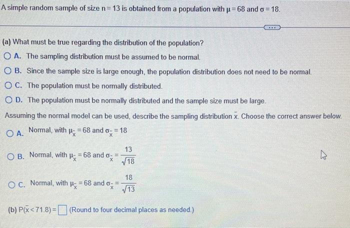 Solved simple random sample of size n=13 is obtained from a | Chegg.com