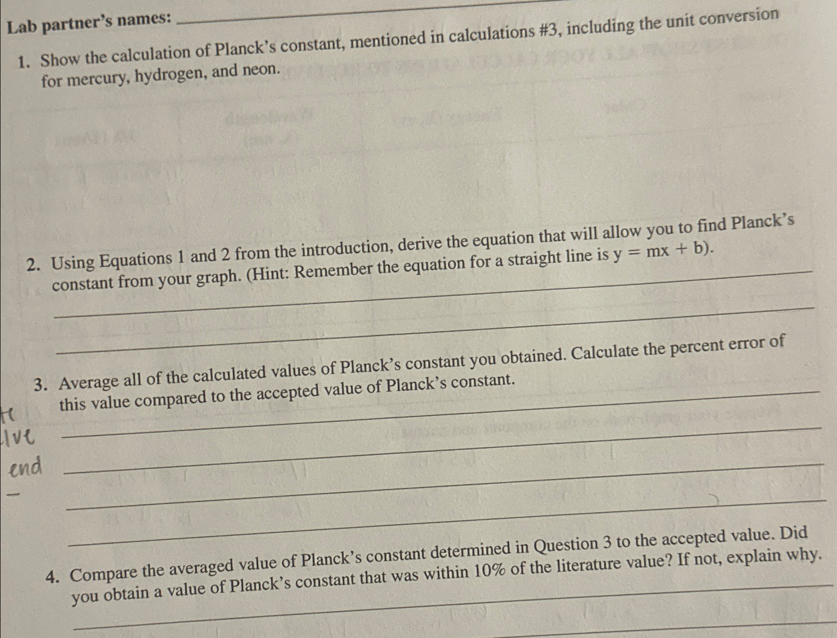 Solved Lab partner's names:Show the calculation of Planck's | Chegg.com