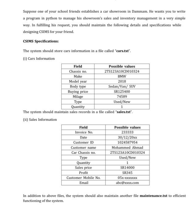 Solved Suppose one of your school friends establishes a car | Chegg.com