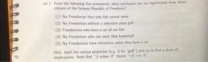 Solved A1.7. From the following five statements, what | Chegg.com