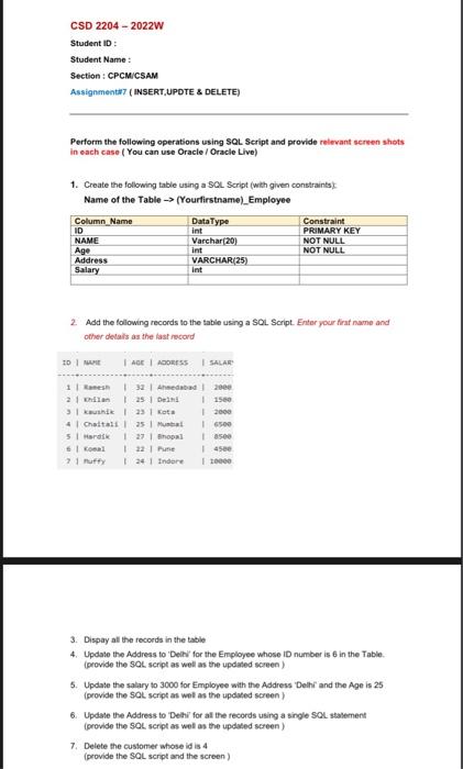 Solved CSD 2204 - 2022W Student ID: Student Name: Section : | Chegg.com