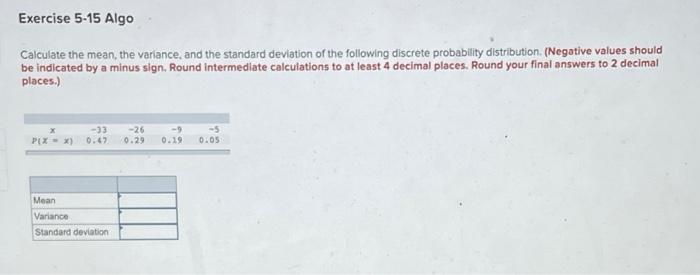 Solved Exercise 5-15 Algo Calculate the mean, the variance, | Chegg.com